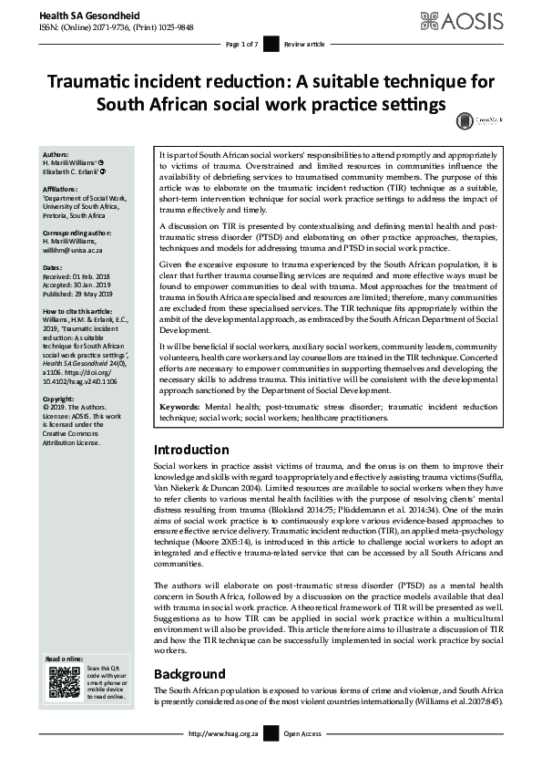 (PDF) Traumatic incident reduction: A suitable technique for South ...