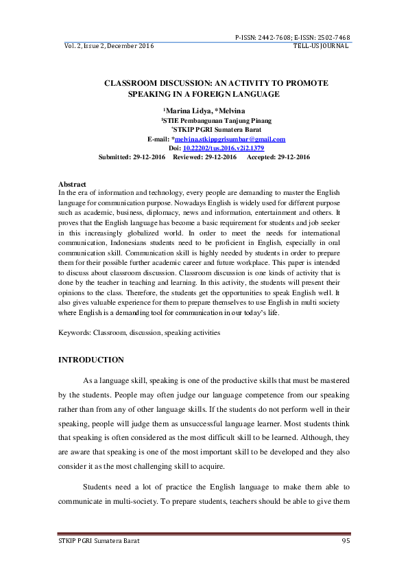 (PDF) Classroom Discussion: An Activity to Promote Speaking in a ...