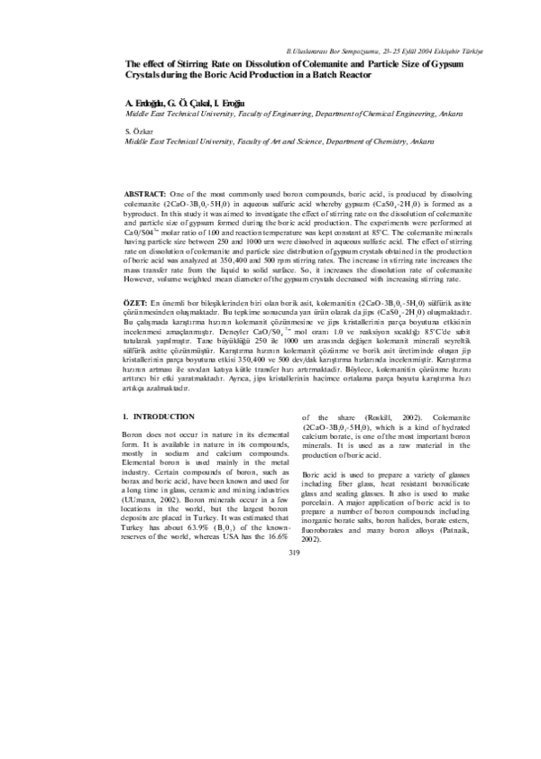 Pdf The Effect Of Stirring Rate On Dissolution Of Colemanite And Particle Size Of Gypsum