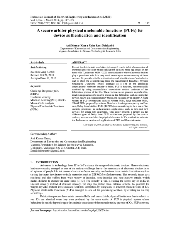 Pdf A Secure Arbiter Physical Unclonable Functions Pufs For Device Authentication And