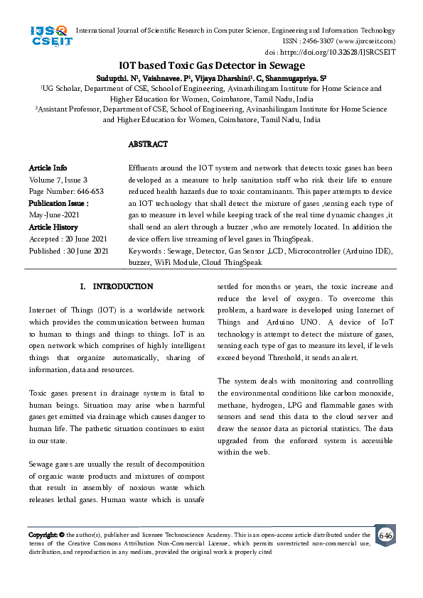 (PDF) IOT based Toxic Gas Detector in Sewage