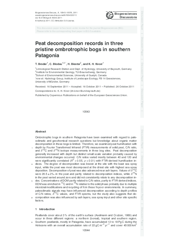 (PDF) Peat decomposition records in three pristine ombrotrophic bogs in ...