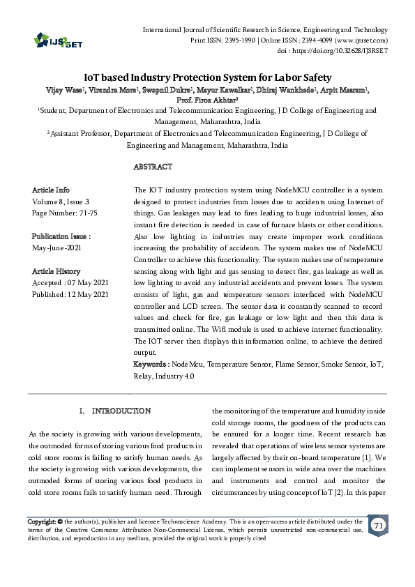 (PDF) IoT based Industry Protection System for Labor Safety