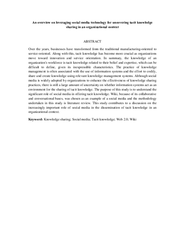(PDF) An overview on leveraging social media technology for uncovering tacit knowledge sharing ...