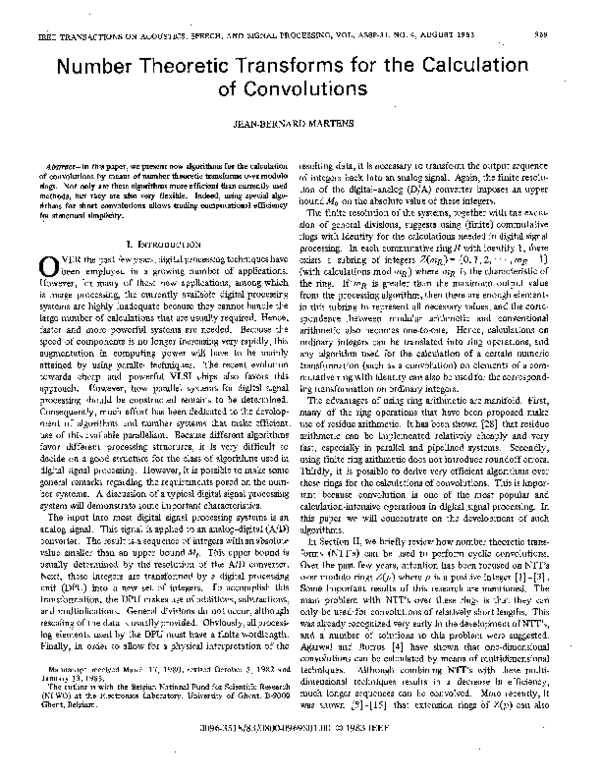 Pdf Number Theoretic Transforms For The Calculation Of Convolutions Jean Bernard Martens