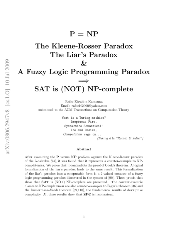 (PDF) The Kleene-Rosser Paradox, The Liar's Paradox & A Fuzzy Logic Programming Paradox Imply ...