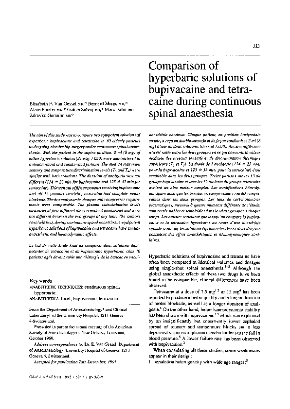 (PDF) Comparison of hyperbaric solutions of bupivacaine and tetracaine ...