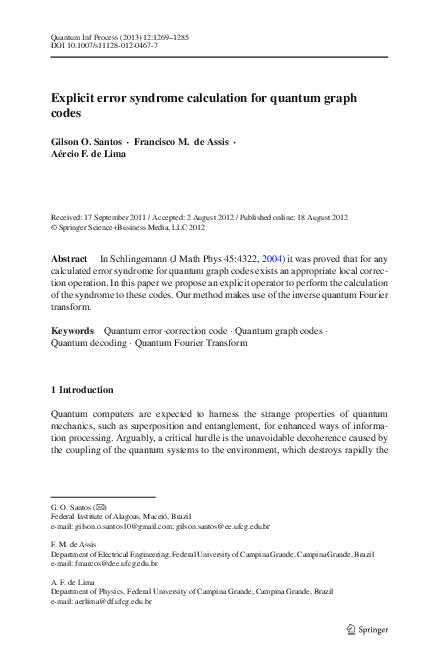 (PDF) Explicit error syndrome calculation for quantum graph codes