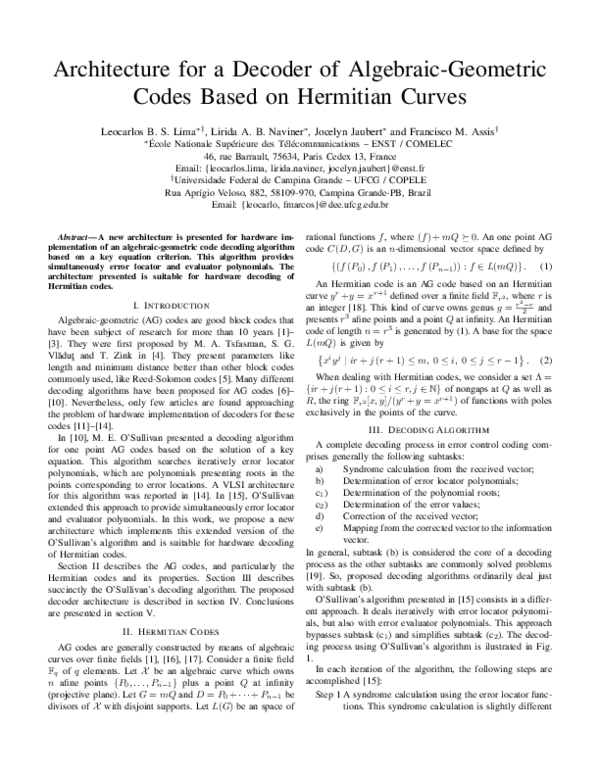 (PDF) Architecture for a decoder of algebraic-geometric codes based on Hermitian curves