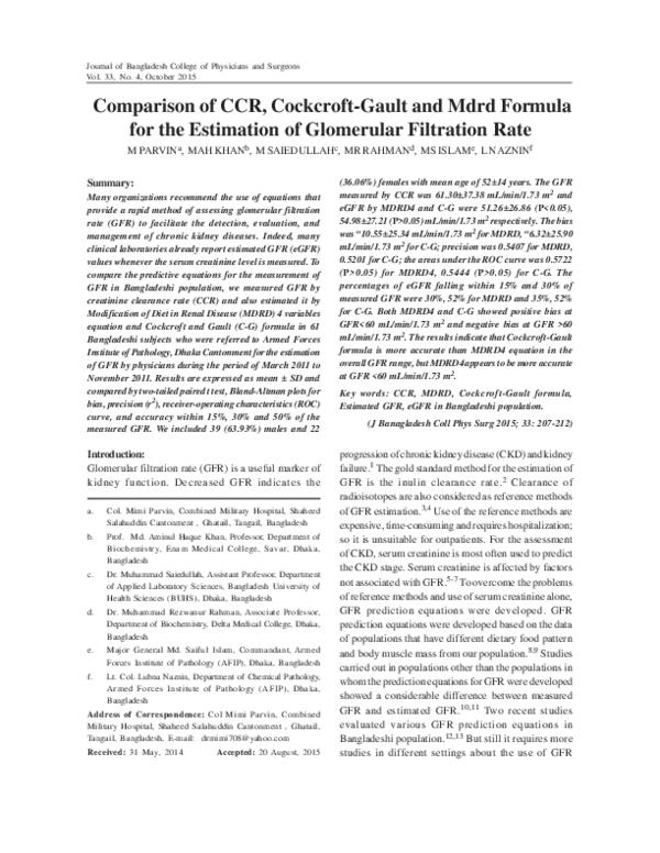 (PDF) Comparison of CCR, Cockcroft-Gault and Mdrd Formula for the ...