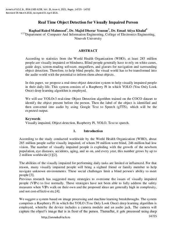 (PDF) Real Time Object Detection for Visually Impaired Person
