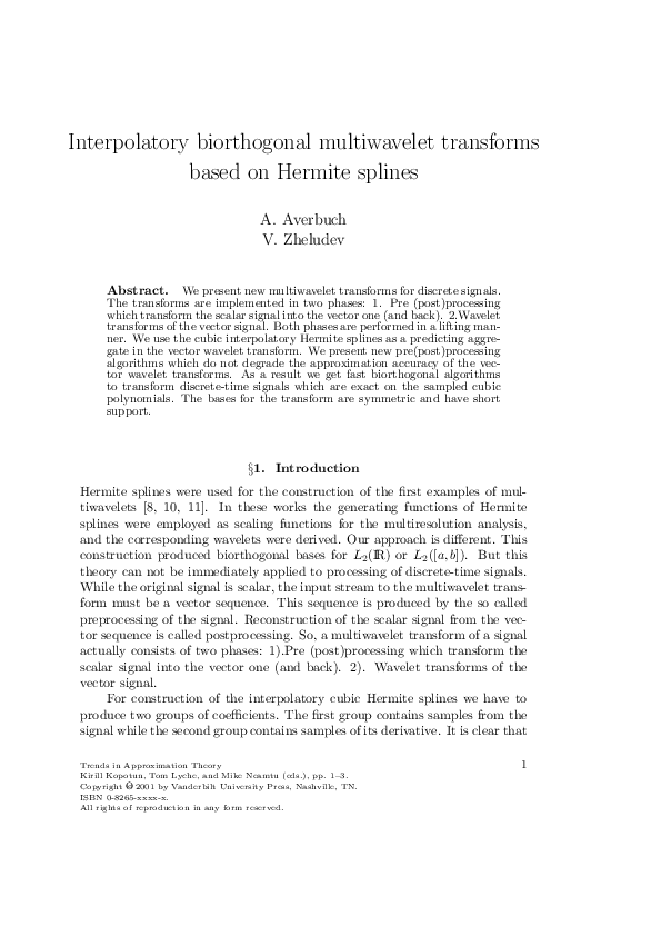 (PDF) Interpolatory Biorthogonal Multiwavelet Transforms based on Hermite Splines