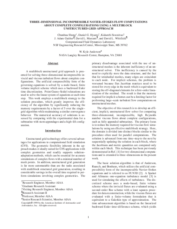 Pdf Three Dimensional Incompressible Navier Stokes Flow Computations About Complete