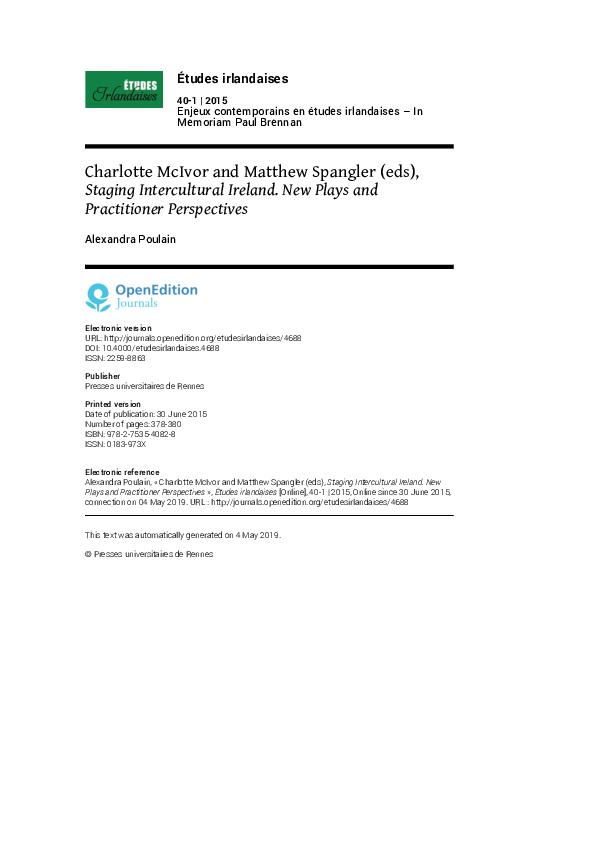 (PDF) Charlotte McIvor and Matthew Spangler (eds), Staging ...