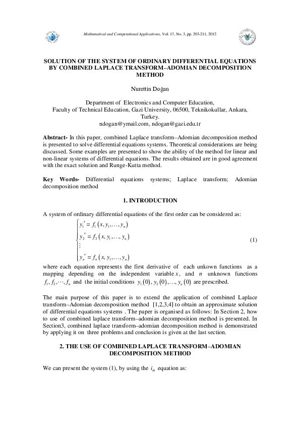 (PDF) Nurettin DOĞAN, Solution Of The System Of Ordinary Differential Equations By Combined ...
