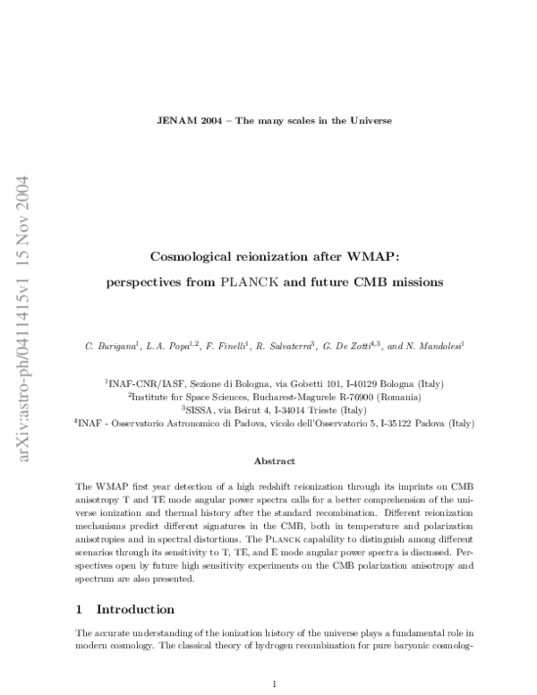 (PDF) Cosmological reionization after WMAP: perspectives from PLANCK and future CMB missions ...