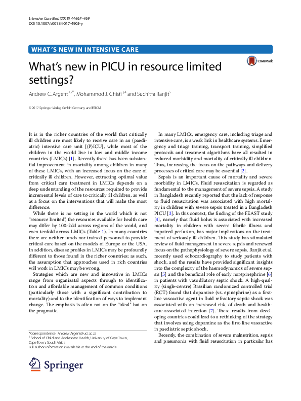 (PDF) What’s new in PICU in resource limited settings?