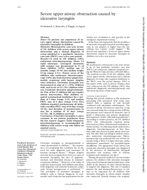 (PDF) Severe upper airway obstruction caused by ulcerative laryngitis