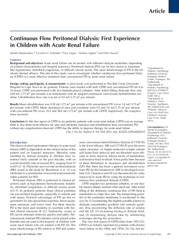 (PDF) Continuous Flow Peritoneal Dialysis: First Experience in Children with Acute Renal Failure