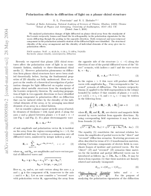 (PDF) Polarization effects in the diffraction of light by a planar ...