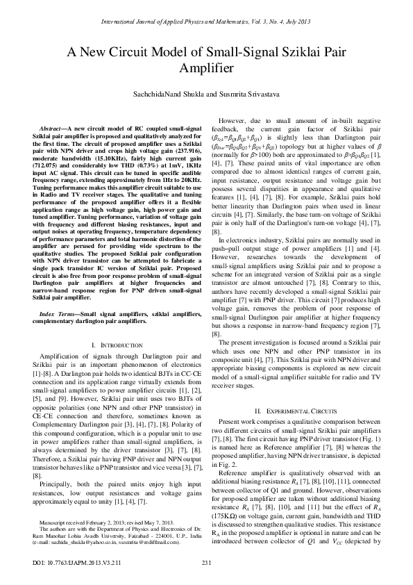(PDF) A New Circuit Model of Small-Signal Sziklai Pair Amplifier