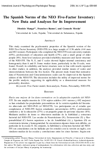 (PDF) The Spanish norms of the NEO Five-Factor Inventory: New data and ...