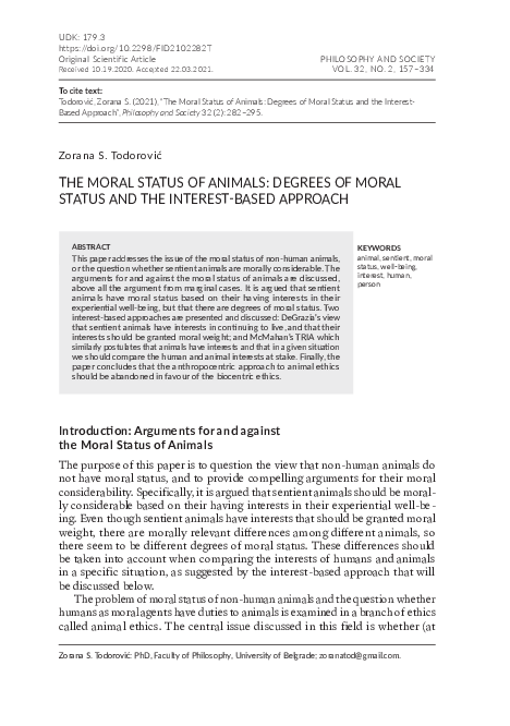 (PDF) THE MORAL STATUS OF ANIMALS: DEGREES OF MORAL STATUS AND THE ...