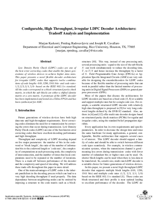 Pdf Configurable High Throughput Irregular Ldpc Decoder