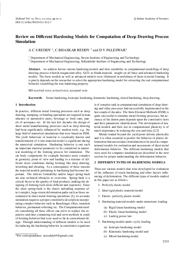 (PDF) Review on Different Hardening Models for Computation of Deep Drawing Process Simulation