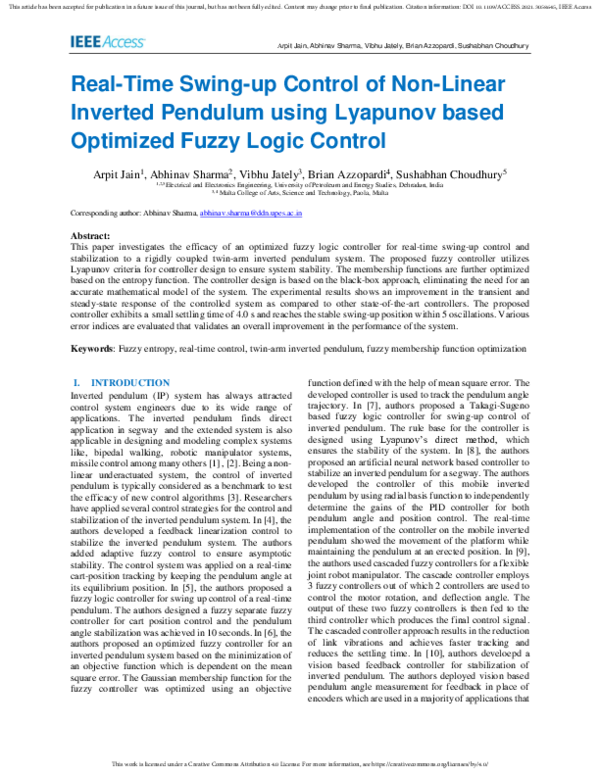 Pdf Robust Control Of Inverted Pendulum Using Fuzzy Logic Controller Himanshu Panday