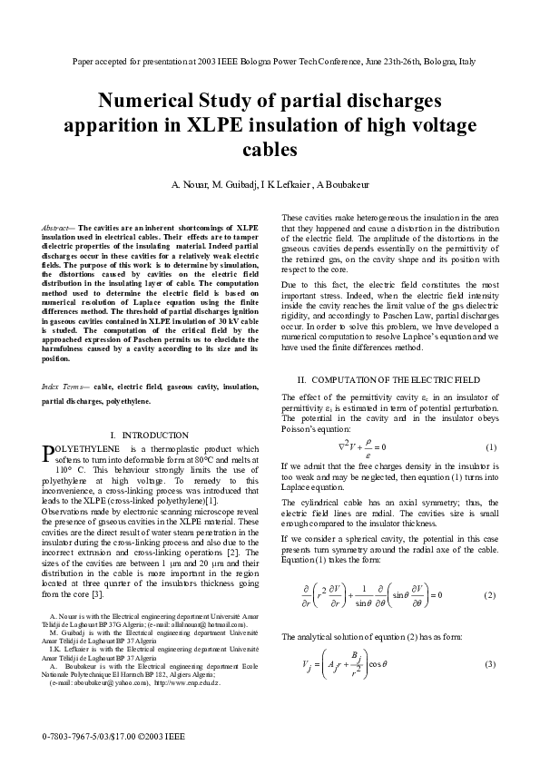 (PDF) Numerical study of partial discharges apparition in xlpe insulation of high voltage cables