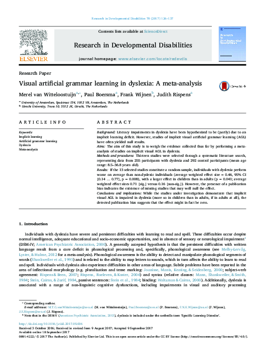 (PDF) Visual artificial grammar learning in dyslexia: A meta-analysis