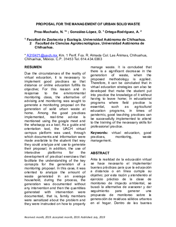 (PDF) PROPOSAL FOR THE MANAGEMENT OF URBAN SOLID WASTE