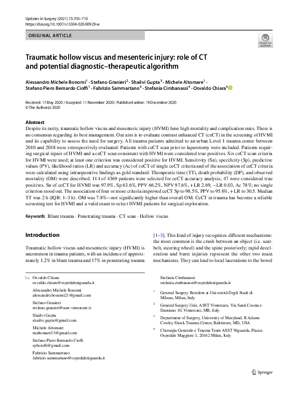 (PDF) Traumatic hollow viscus and mesenteric injury: role of CT and ...