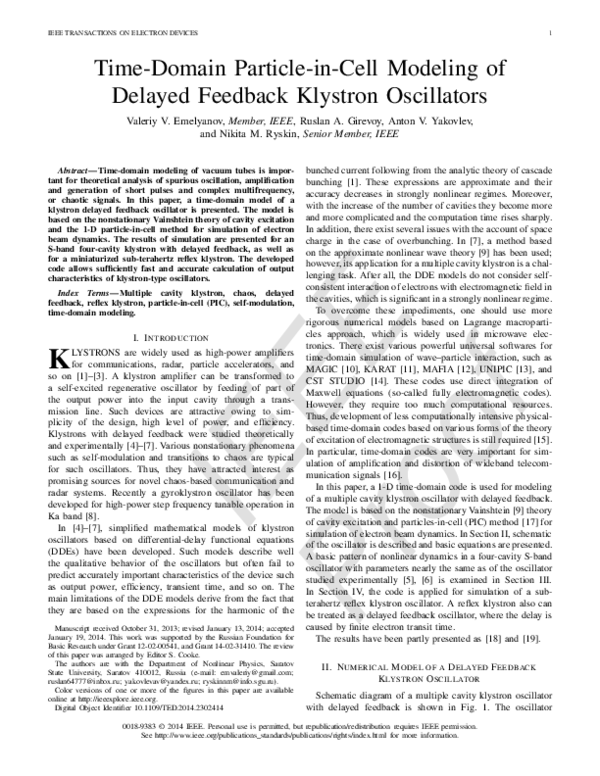 (PDF) Time-Domain Particle-in-Cell Modeling of Delayed Feedback Klystron Oscillators