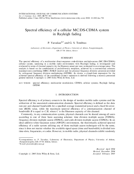 (PDF) Spectral efficiency of a cellular MC/DS-CDMA system in Rayleigh fading
