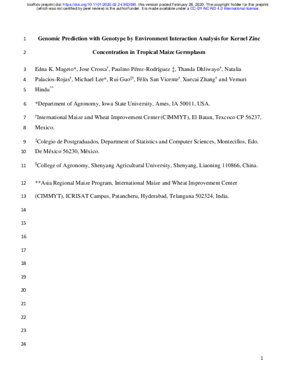 Pdf Genomic Prediction With Genotype By Environment Interaction Analysis For Kernel Zinc