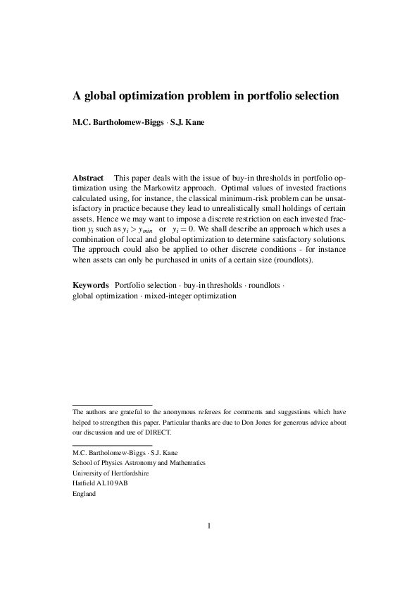 (PDF) A global optimization problem in portfolio selection