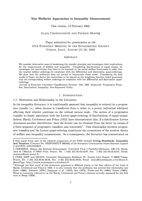 (PDF) Non-welfarist approaches to inequality measurement | Patrick ...