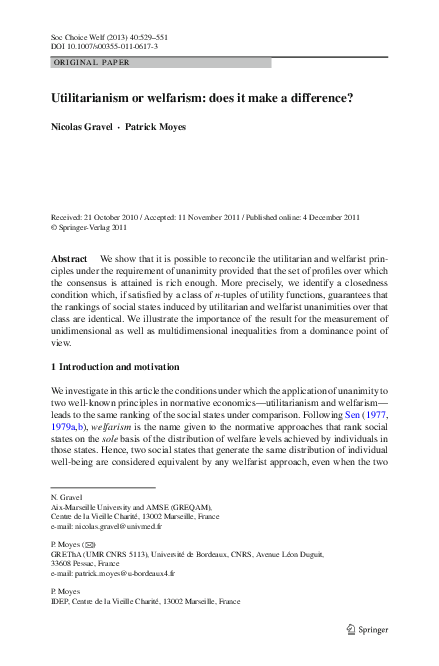 (PDF) Utilitarianism or welfarism: does it make a difference?