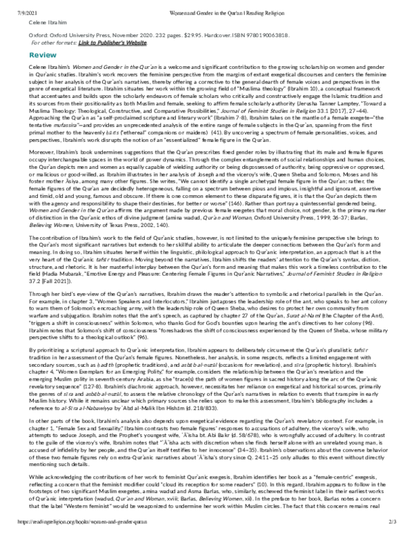 (PDF) Hadia Mubarak's review of Women and Gender in the Qur'an | Celene ...