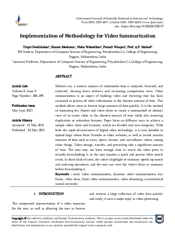 (PDF) Implementation of Methodology for Video Summarization