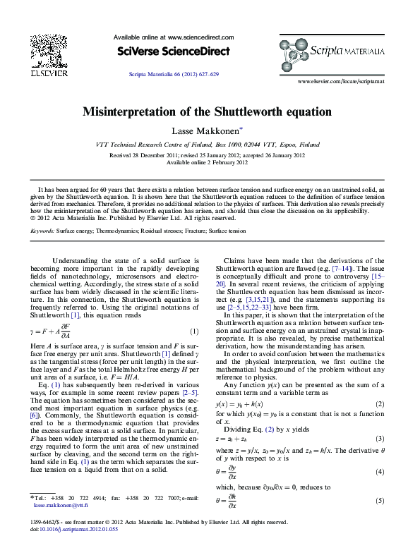 (PDF) Misinterpretation of the Shuttleworth equation
