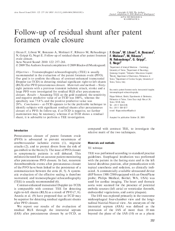 (PDF) Follow-up of residual shunt after patent foramen ovale closure