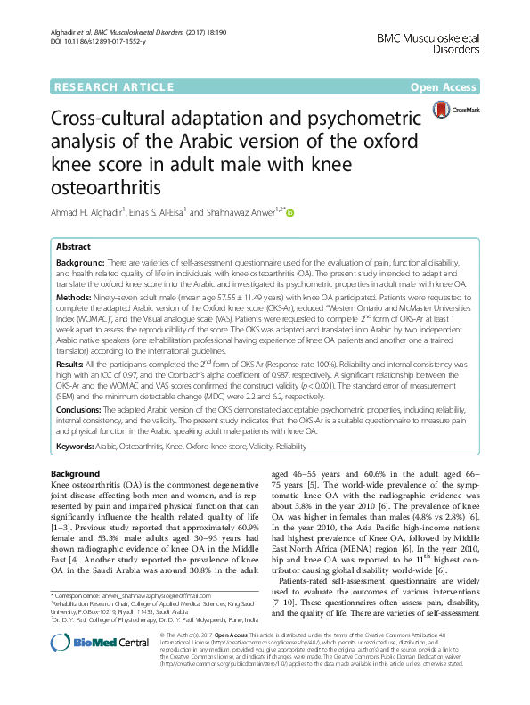 (PDF) Cross-cultural adaptation and psychometric analysis of the Arabic version of the oxford ...