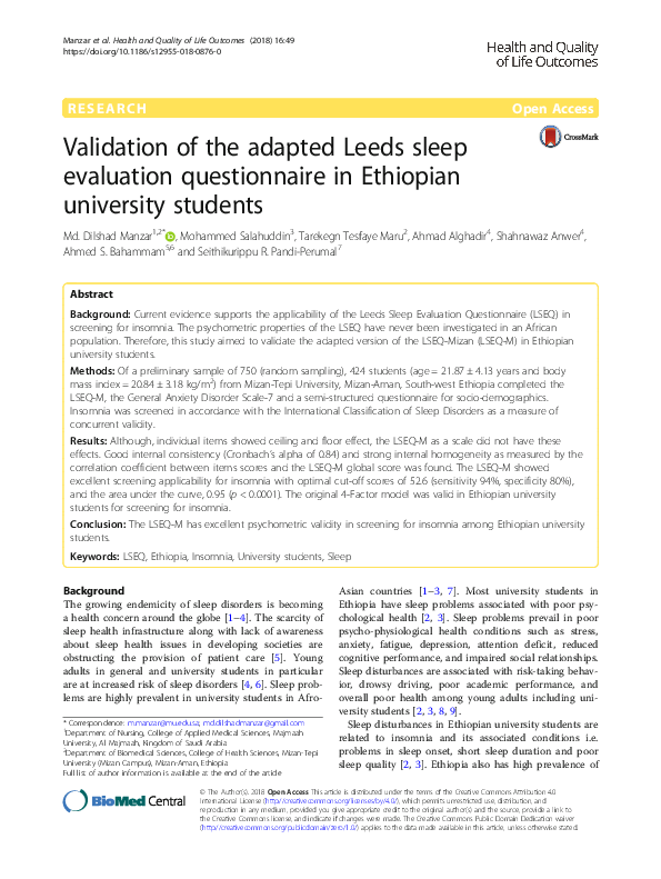 (PDF) Validation of the adapted Leeds sleep evaluation questionnaire in ...