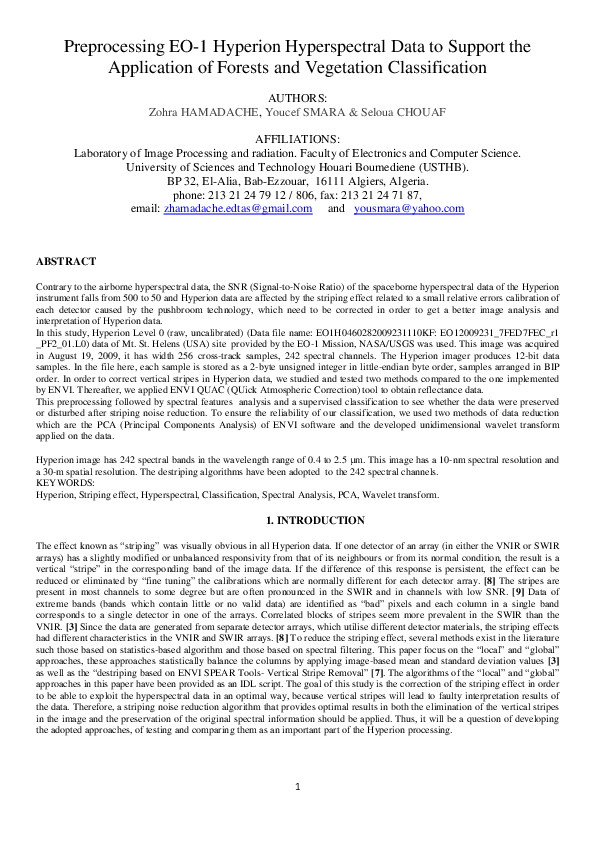 (PDF) Preprocessing EO-1 Hyperion hyperspectral data applied to forests and vegetation ...