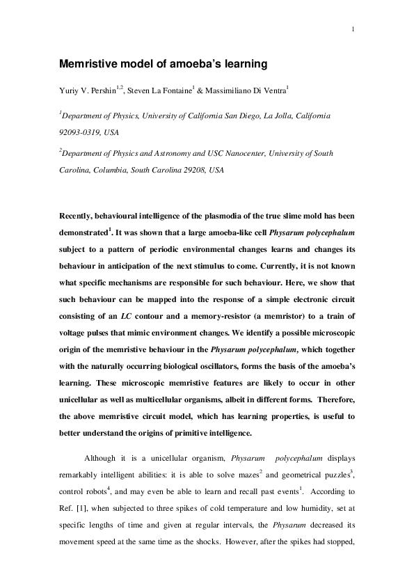 (PDF) Memristive model of amoeba learning
