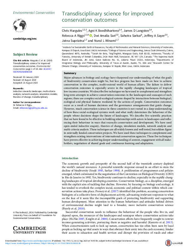 (PDF) Transdisciplinary science for improved conservation outcomes ...