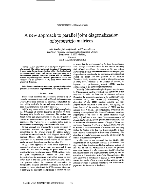 Pdf A New Approach To Parallel Joint Diagonalization Of Symmetric Matrices